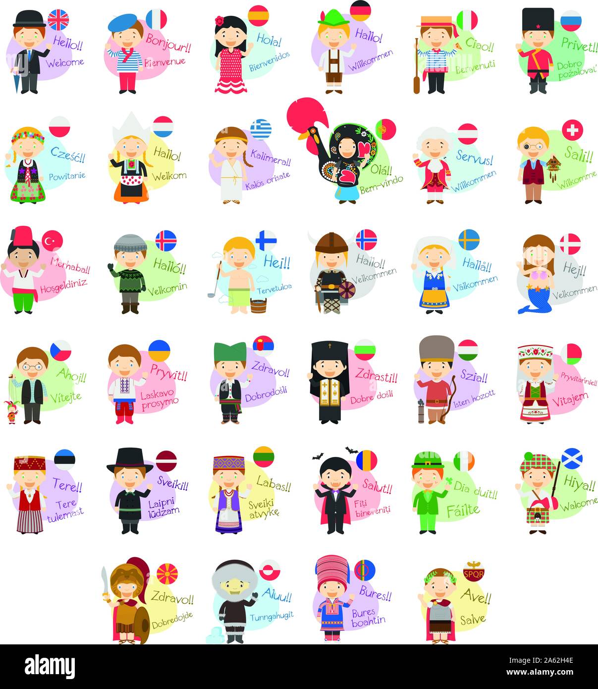 Vector illustration set of cartoon characters saying hello and welcom ...