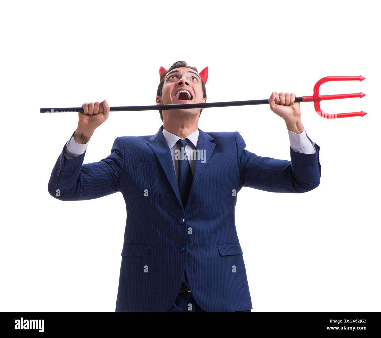 Evil devil businessman with pitchfork isolated on white background ...