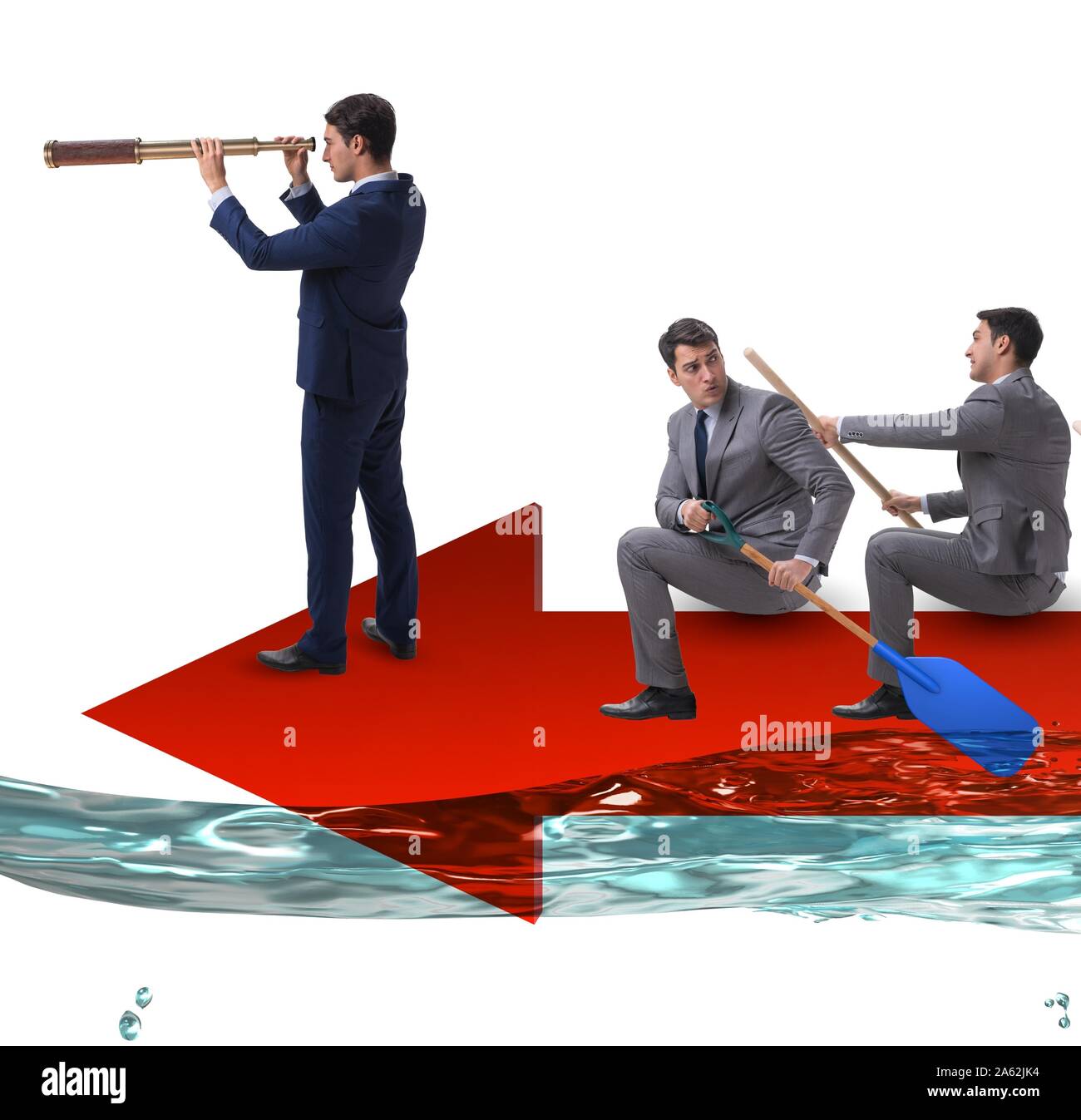 Teamwork concept with businessmen on boat Stock Photo - Alamy
