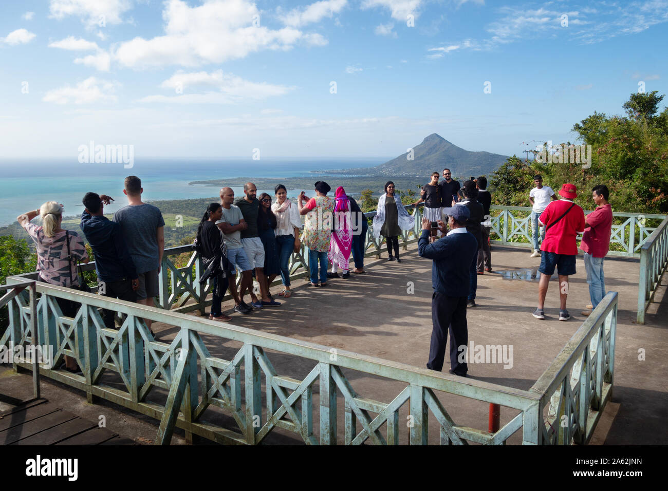 Mauritius tourists at the Viewpoint, Chamarel, looking towards Tourelle ...