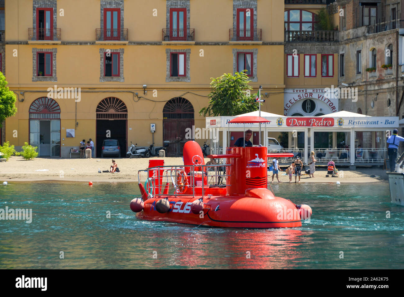 SORRENTO, ITALY - AUGUST 2019: Small red submarine in Sorrento harbour ...