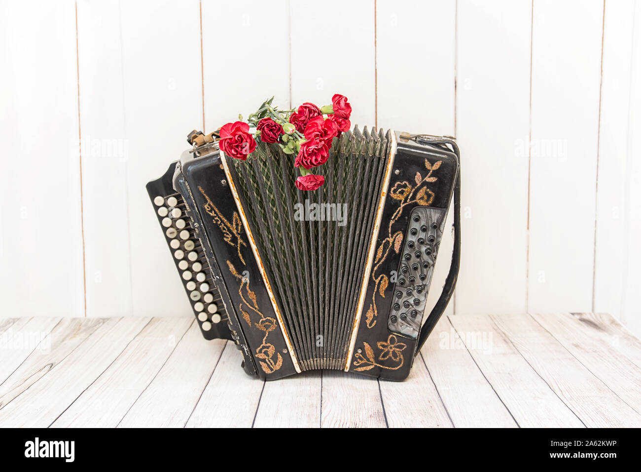 Accordion, red carnations and St. George ribbon. Victory Day. May 9 ...