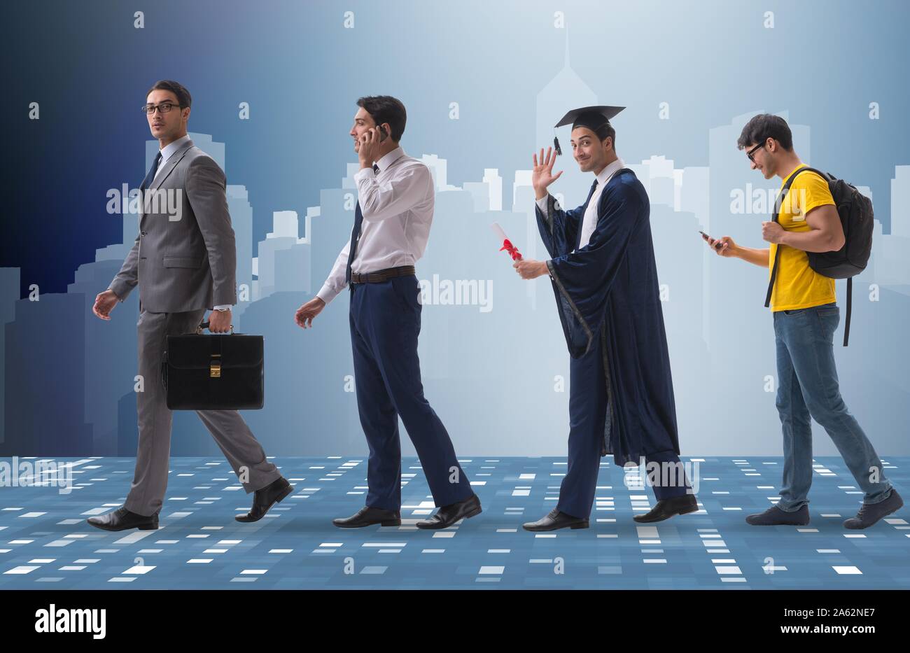 The business concept with man progressing through stages Stock Photo ...