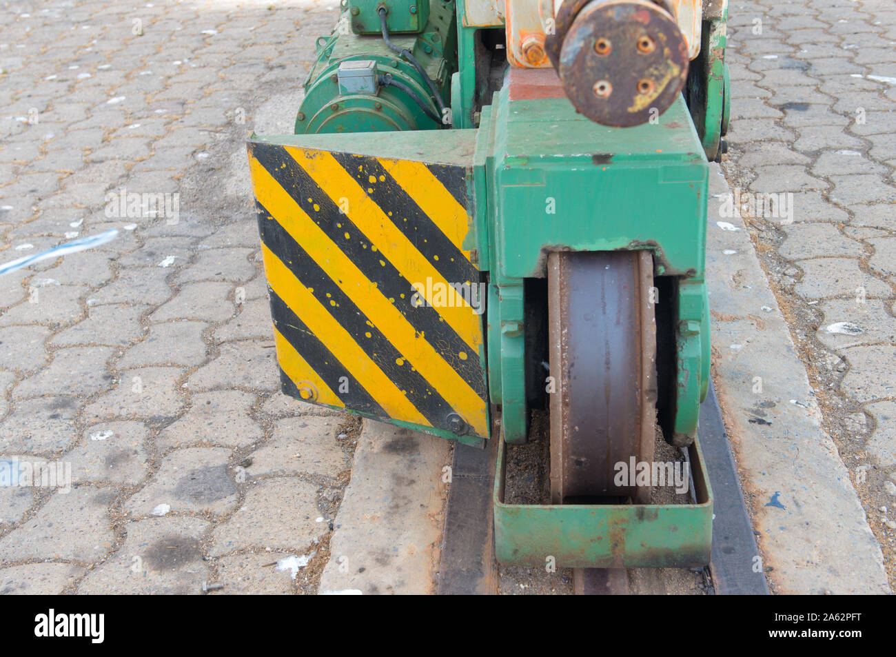 cadiz-Spain, 2019-08-07, steel wheel in rail trackat base of the ...