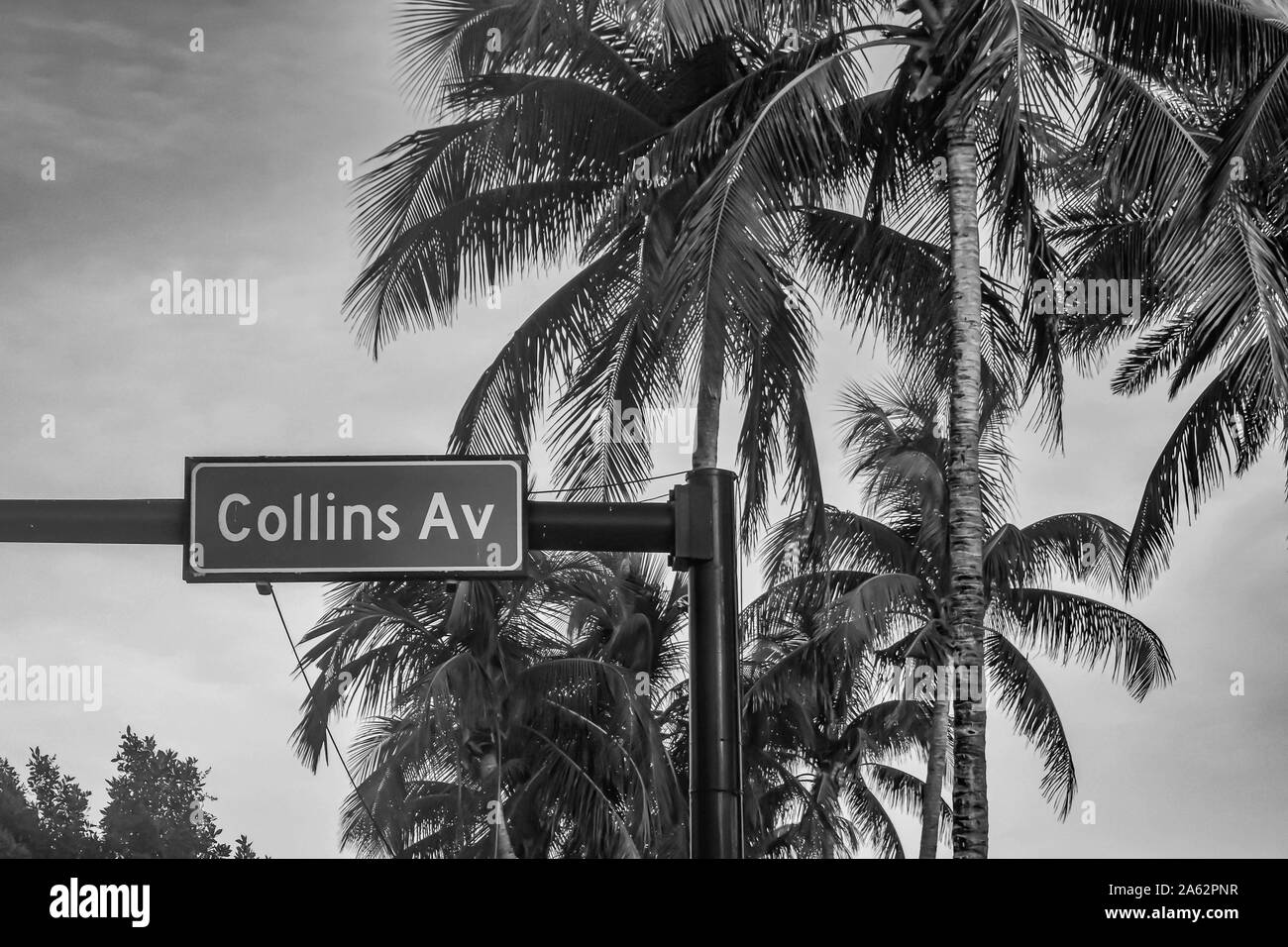 Miami Beach, Florida. July 15, 2019. Top view of Collins Ave. sign ...