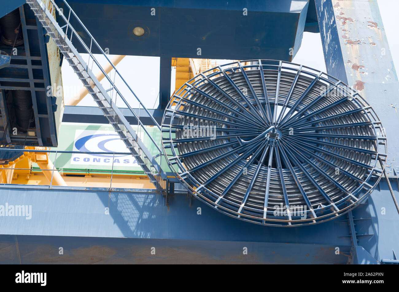 cadiz-Spain, 2019-08-07, steel cable coiled on wheel drum to allow free ...