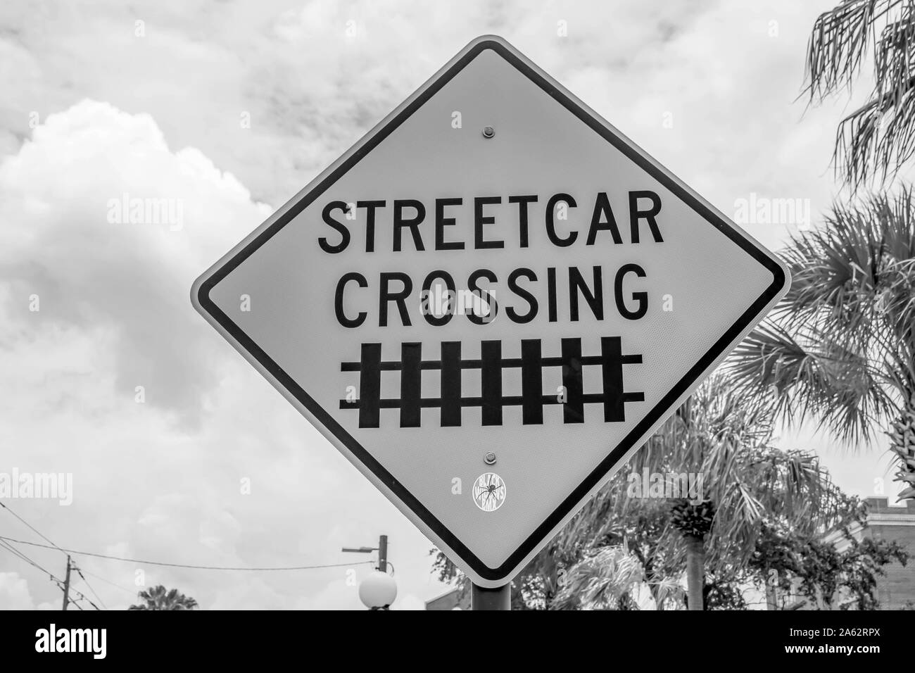 Tampa Bay, Florida. July 12, 2019 Top view of Streetcar crossing sign ...