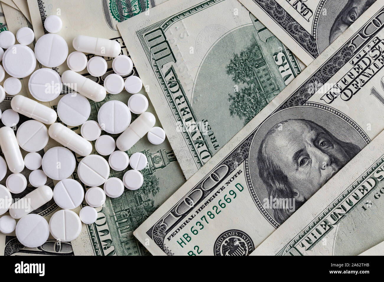 pills flat background, tablets grouped on a us dollar banknotes - flat ...