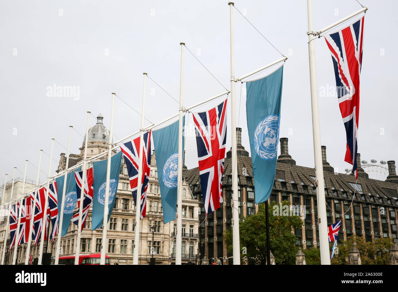 United Nations and Union Jack flags are seen at the Parliament Square ...