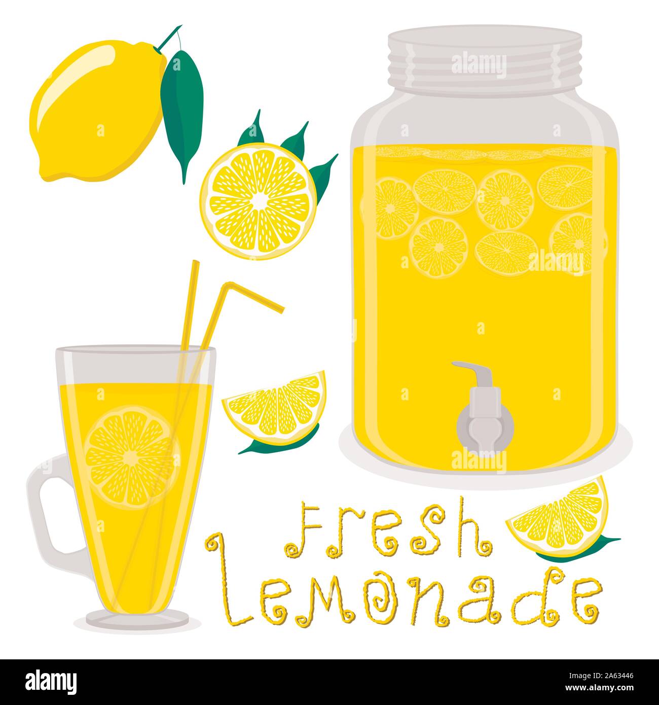Vector illustration logo for slice yellow citrus fruit lemons, jar with ...