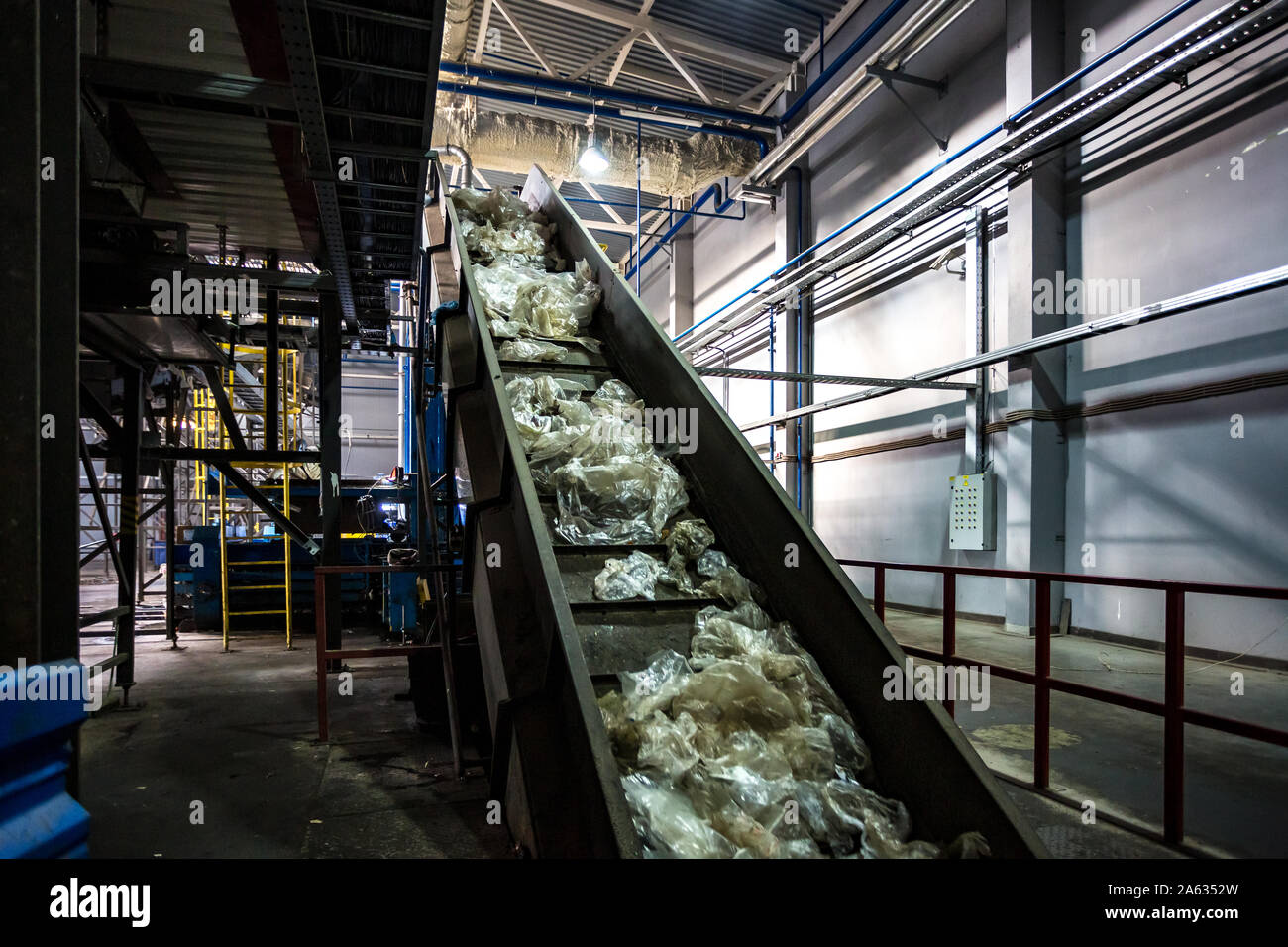 moving conveyor transporter on Modern waste recycling processing plant ...