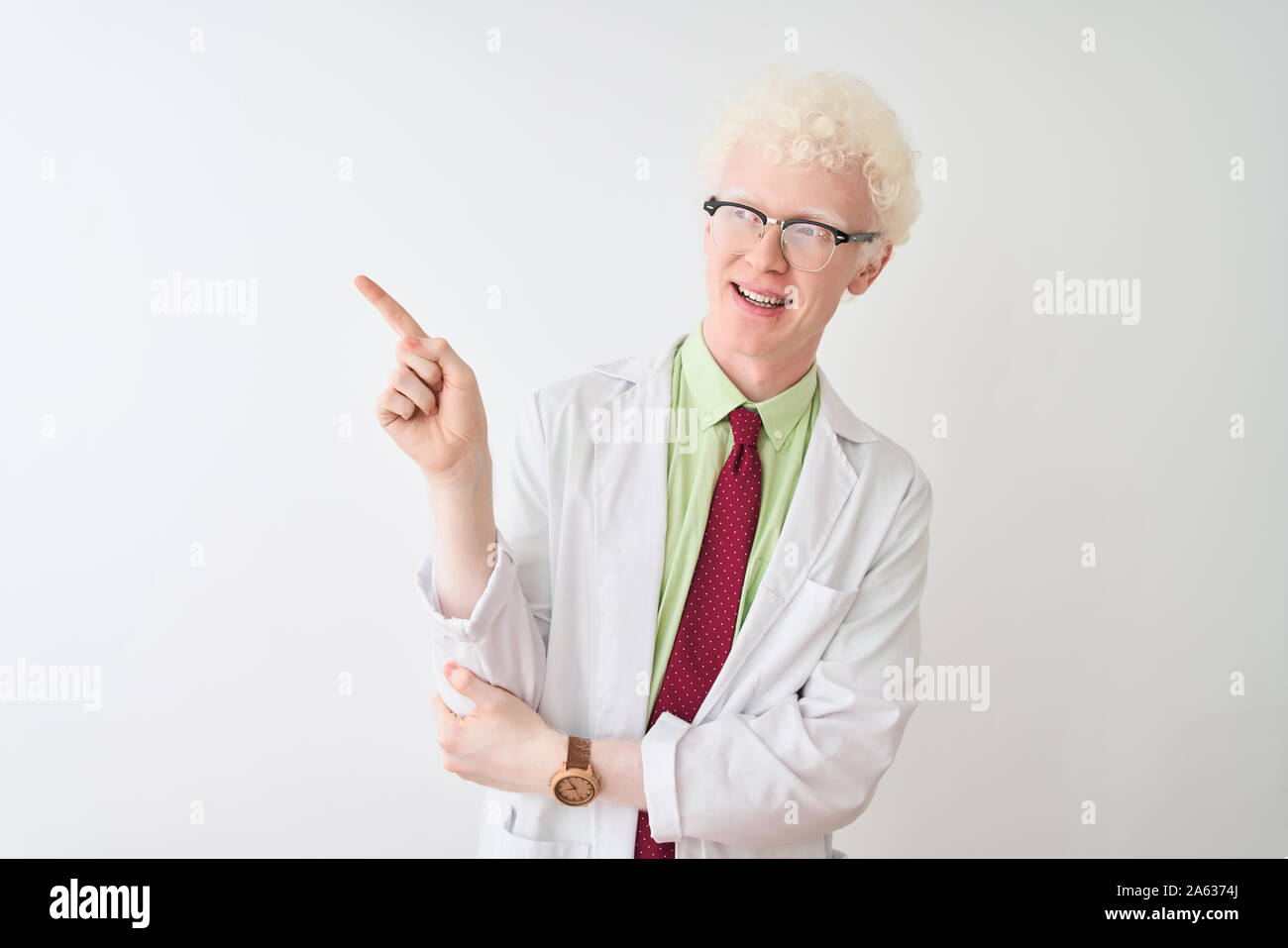 Young albino blond scientist man wearing coat and glasses over isolated ...