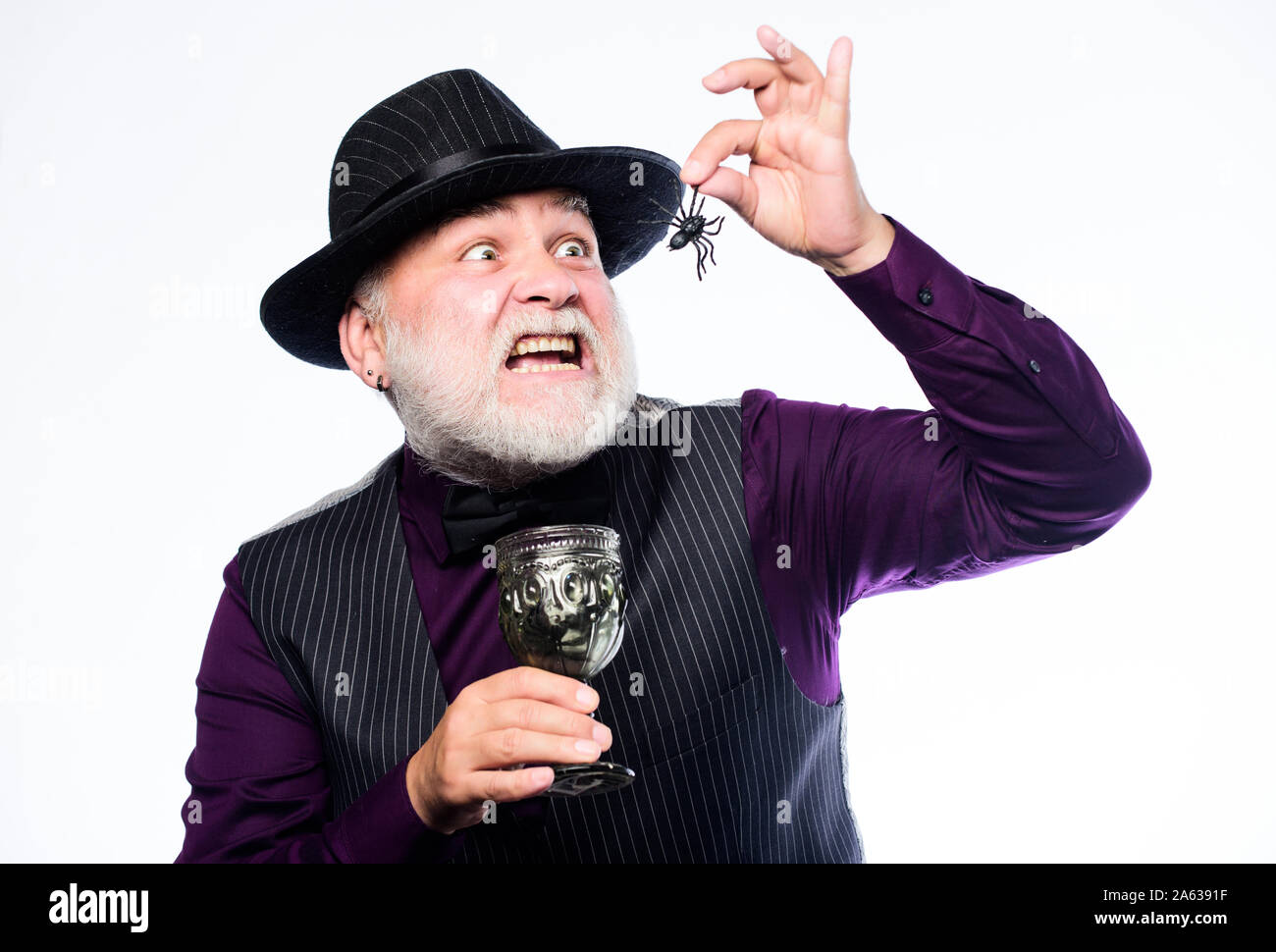 I was so scared. barman make cocktail for halloween party. evil wizard ...