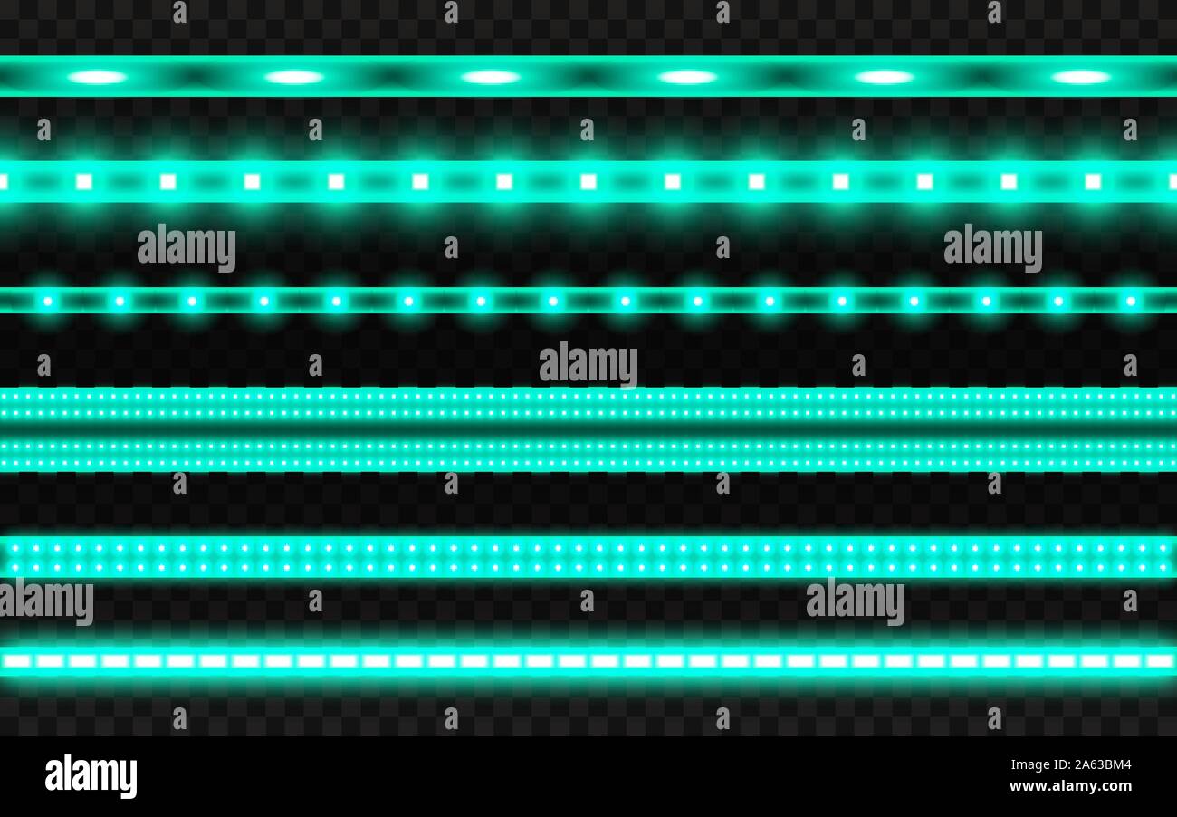 Neon realistic set. Green led lights on dark transparent background ...
