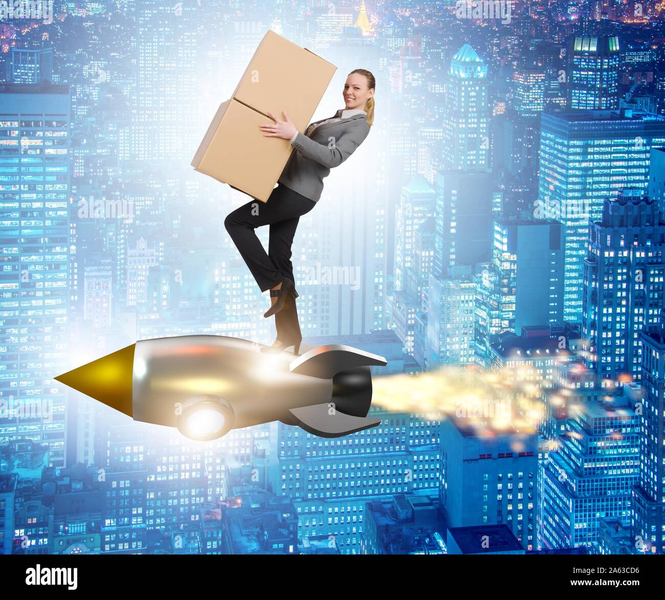 The woman flying rocket and delivering boxes Stock Photo - Alamy