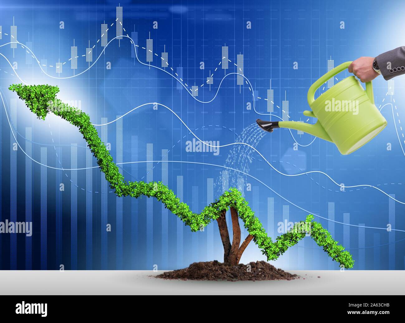 The businessman in investment concept watering financial line chart ...
