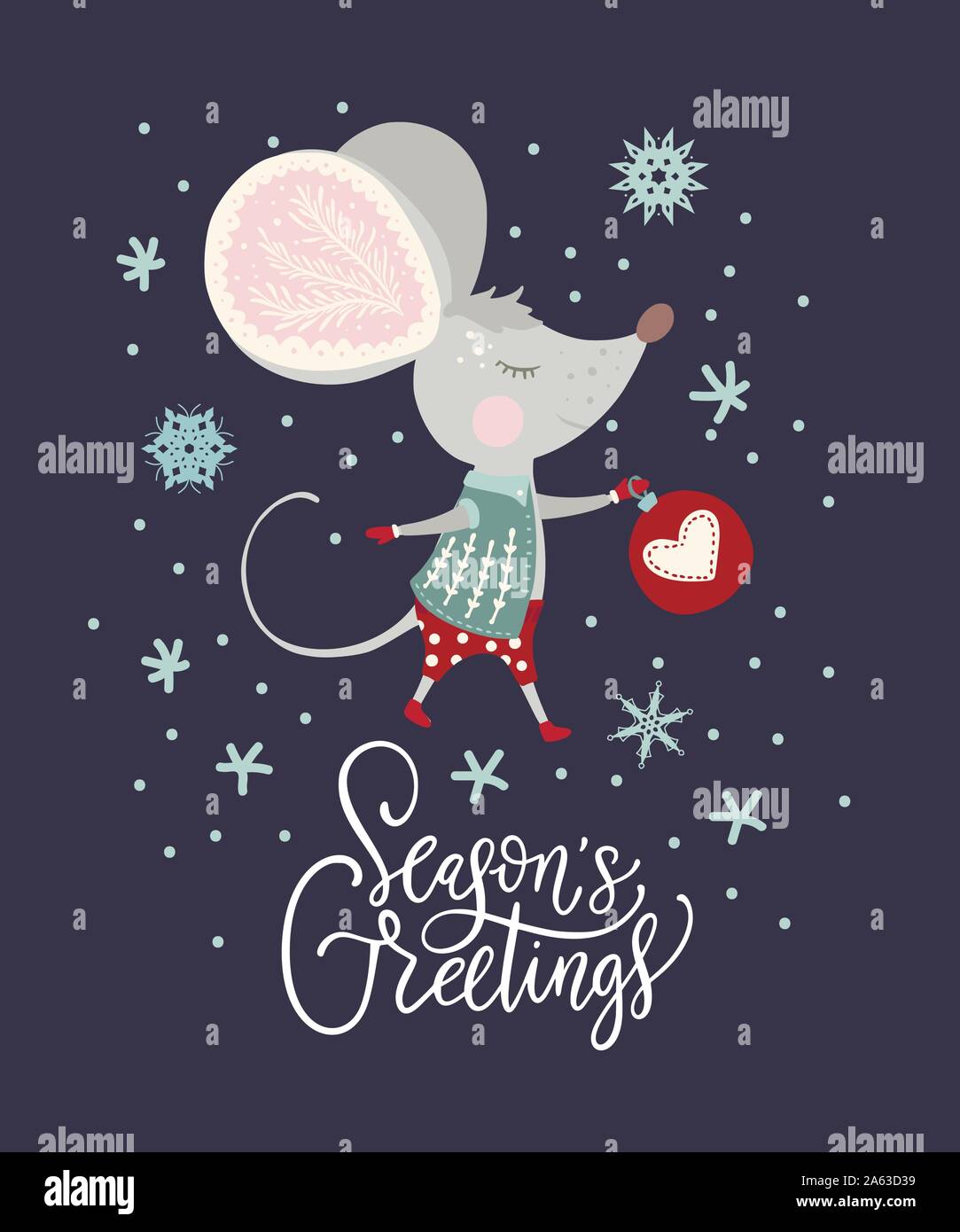 Christmas funny cartoon mouse in a flat style with hand drawn lettering ...