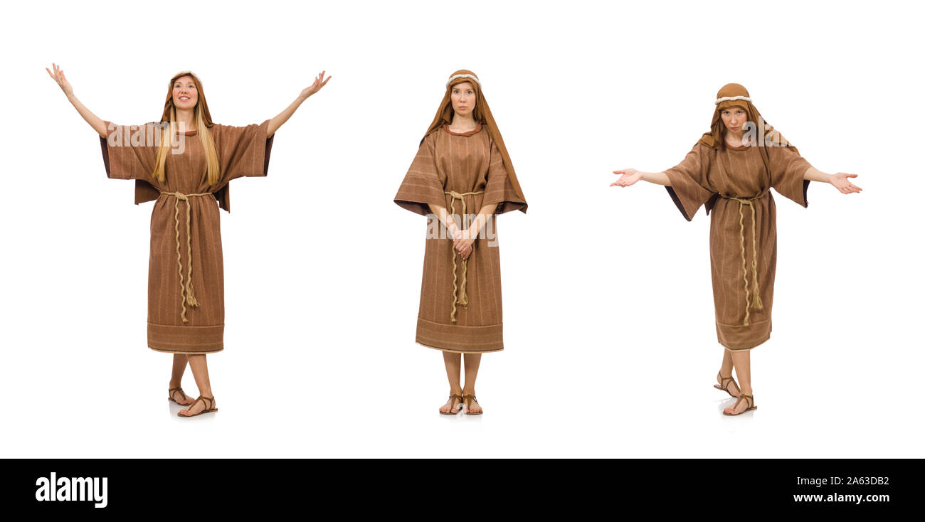 The woman wearing medieval arab clothing on white Stock Photo - Alamy