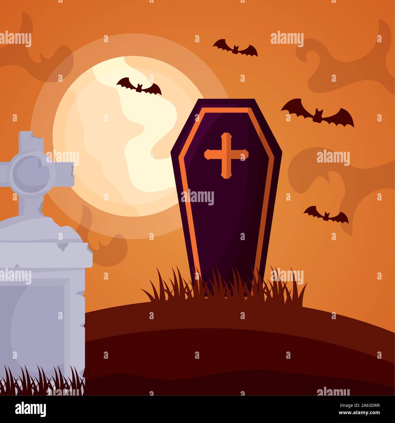 halloween dark cemetery scene with coffin Stock Vector Image & Art - Alamy