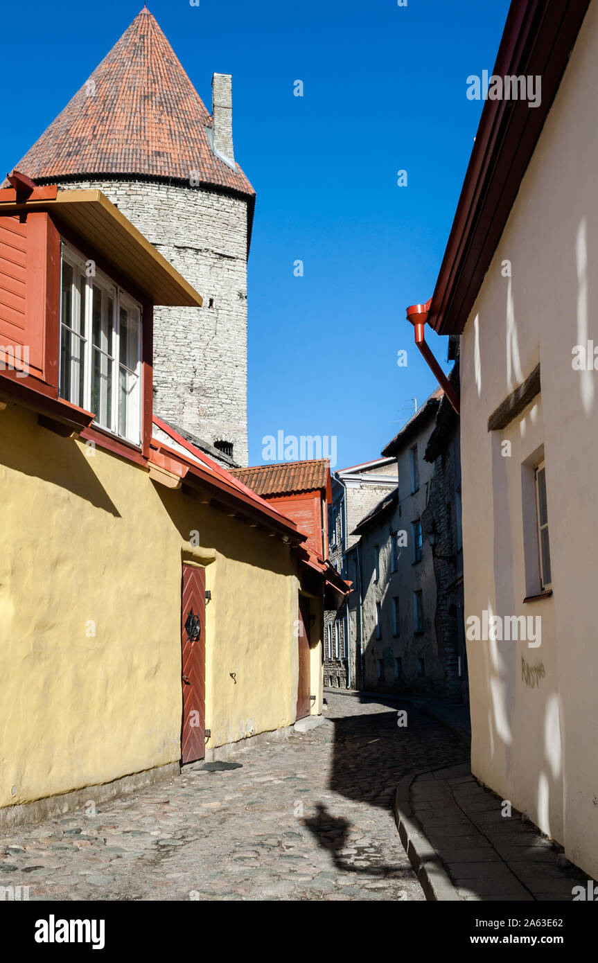 Street in Tallinn Old Town with colorful houses and view of one of the ...