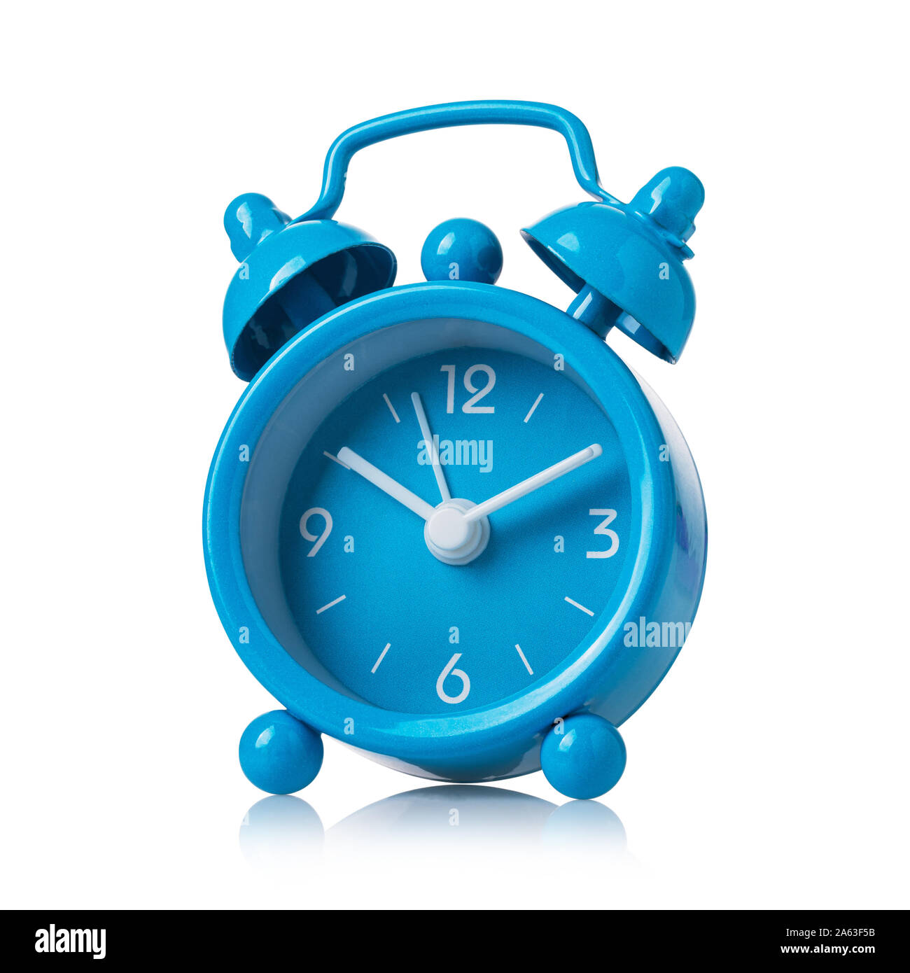 Alarm clock in blue isolated on white background Stock Photo - Alamy