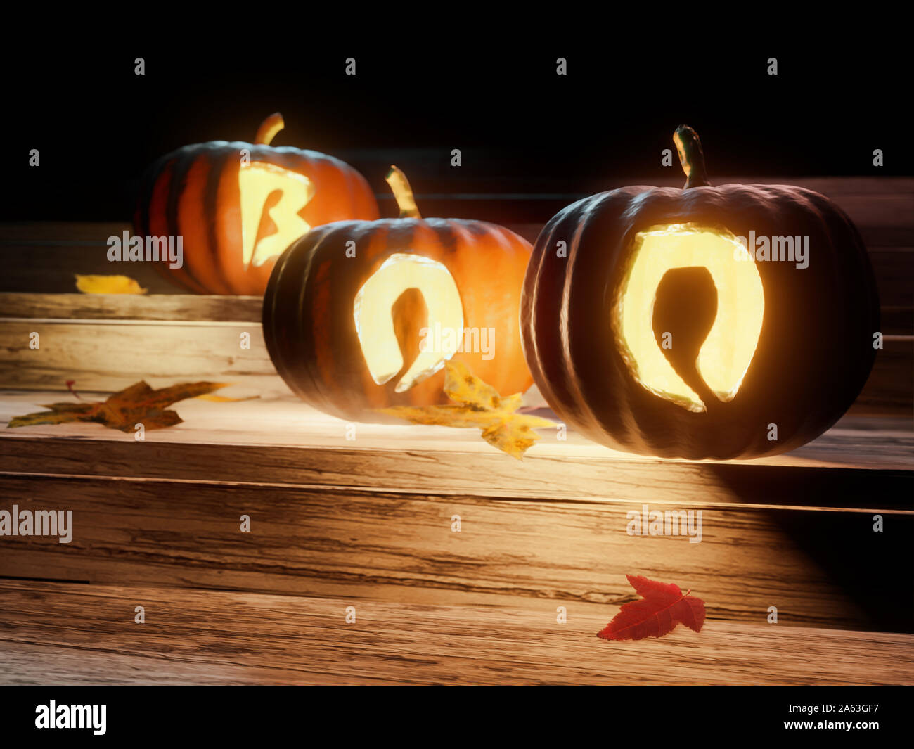 3D render of Jack-o-lantern pumpkins spelling BOO word placed on the ...