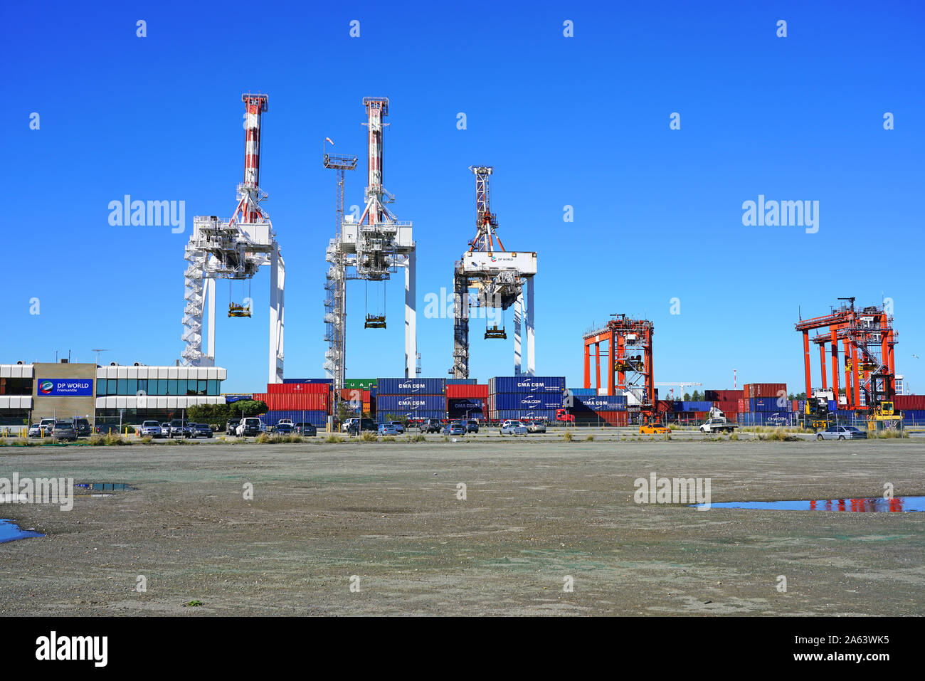 FREMANTLE, AUSTRALIA -3 JUL 2019- View of working port cranes loading ...