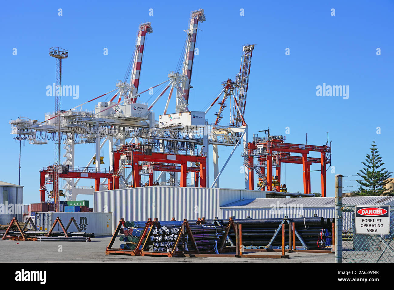 FREMANTLE, AUSTRALIA -3 JUL 2019- View of working port cranes loading ...