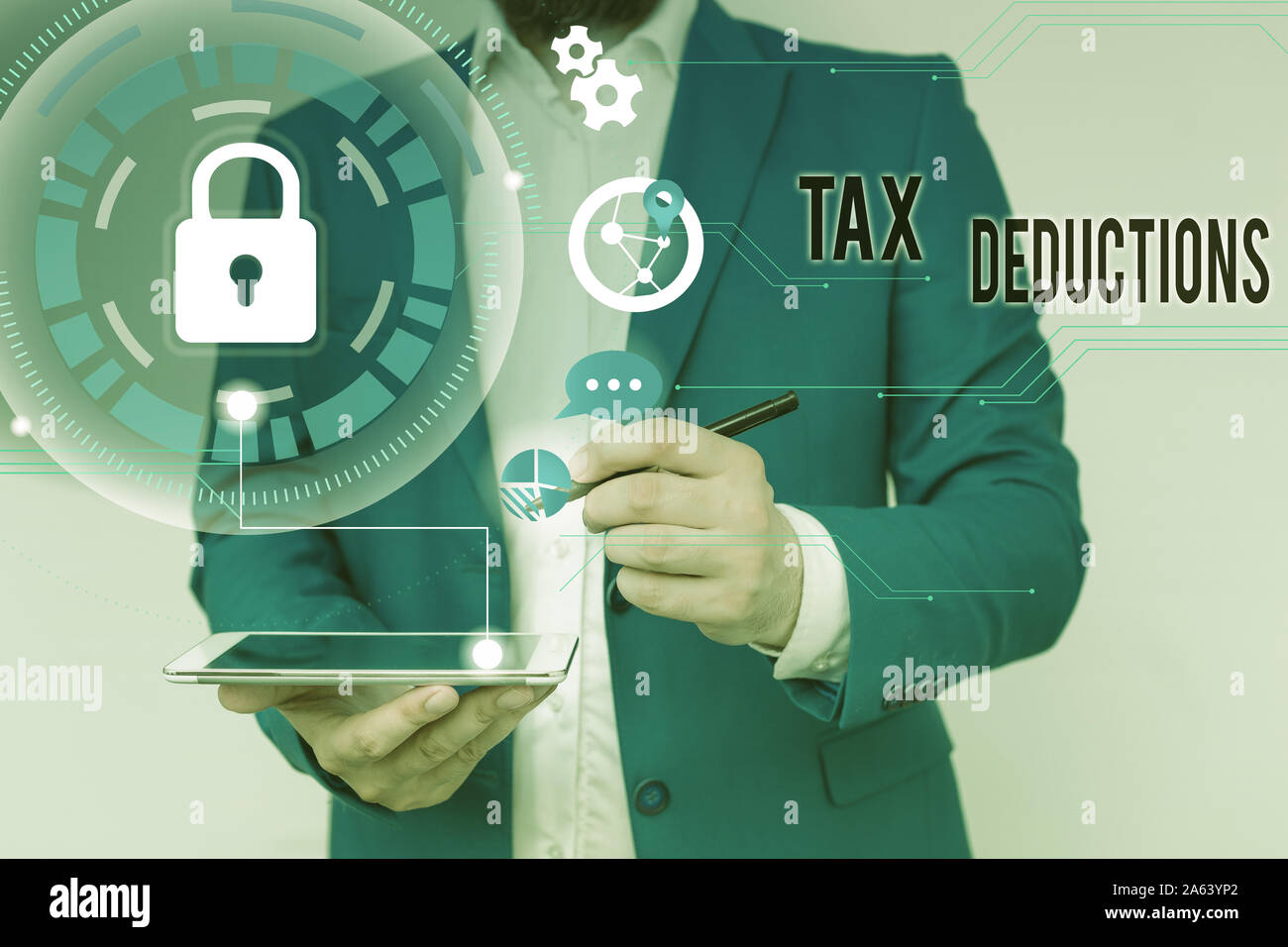 Writing note showing Tax Deductions. Business concept for reduction ...