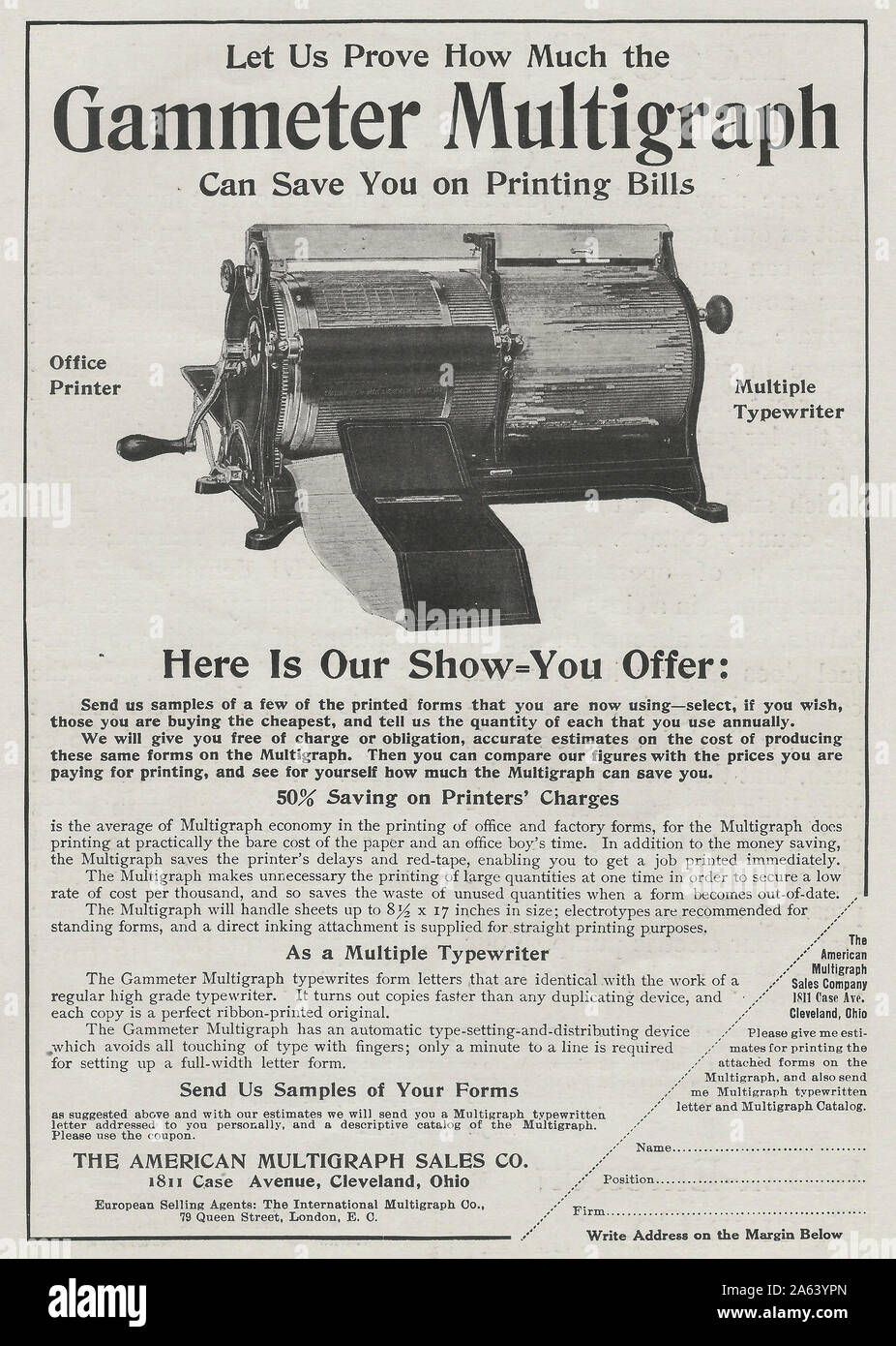 Advertisement for Gammeter Multigraph, 1909 Stock Photo - Alamy