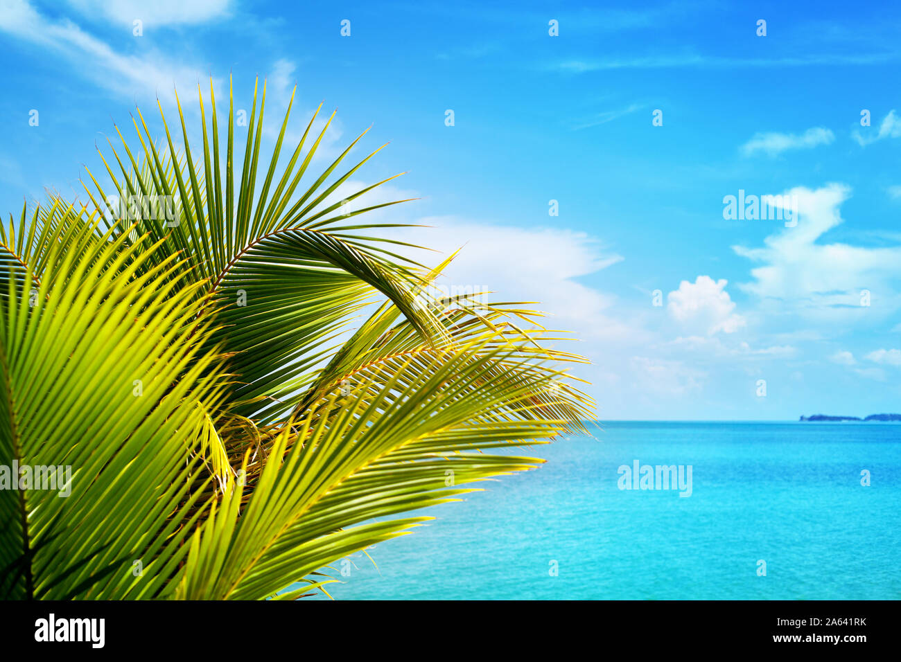 Beautiful tropical beach on blue sea water, white clouds and horizon ...