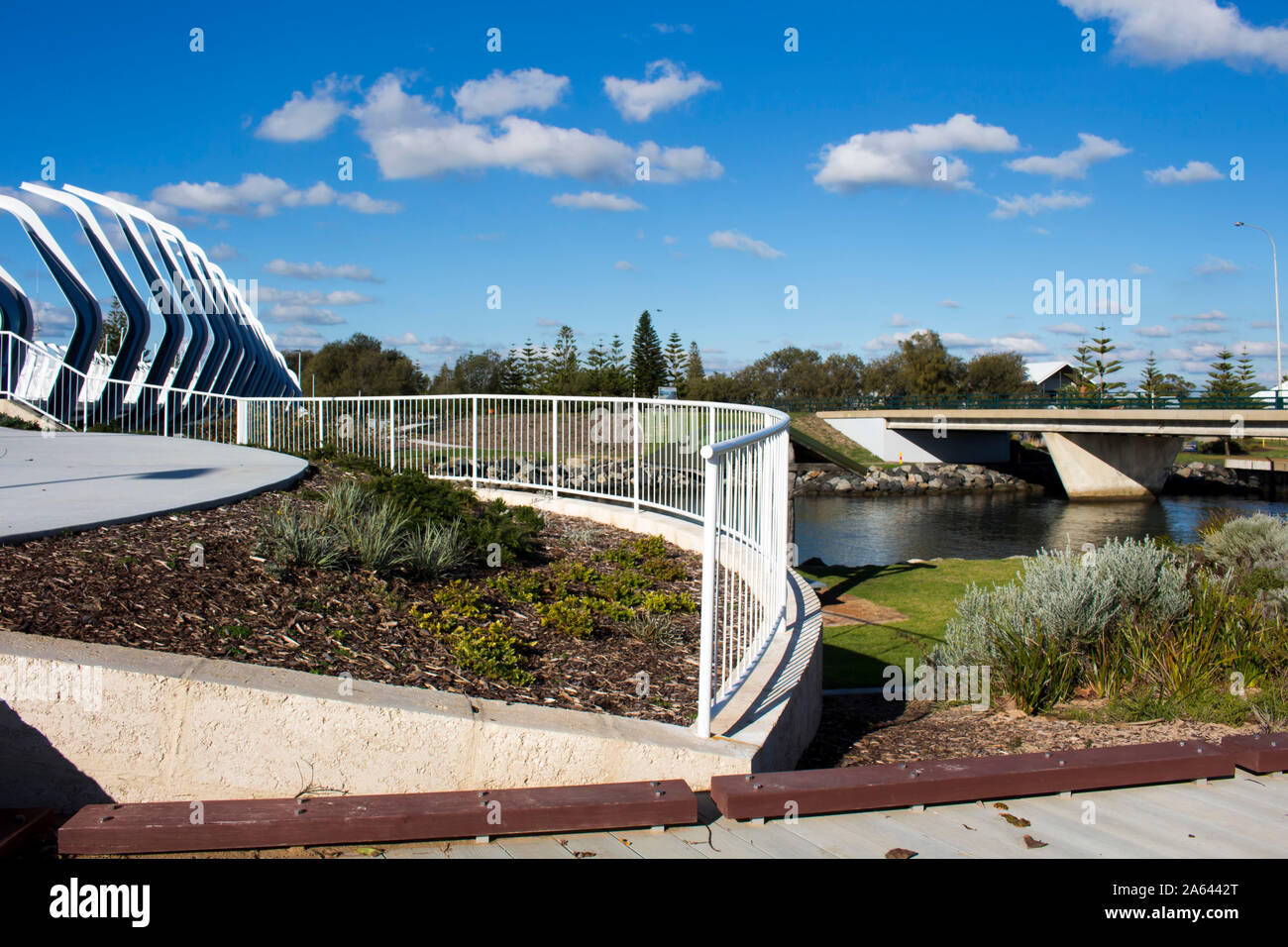 Approach to the new curved Koombana Bay Footbridge in Bunbury, Western ...