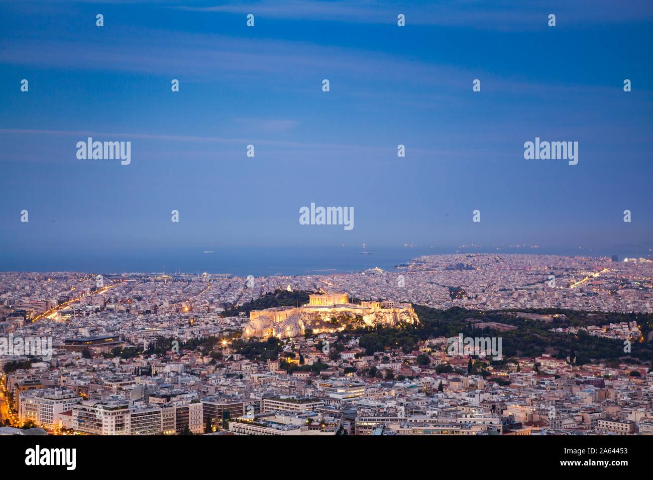 cityscape of Athens in early morning with the Acropolis seen from Lycabettus Hill, the highest ...