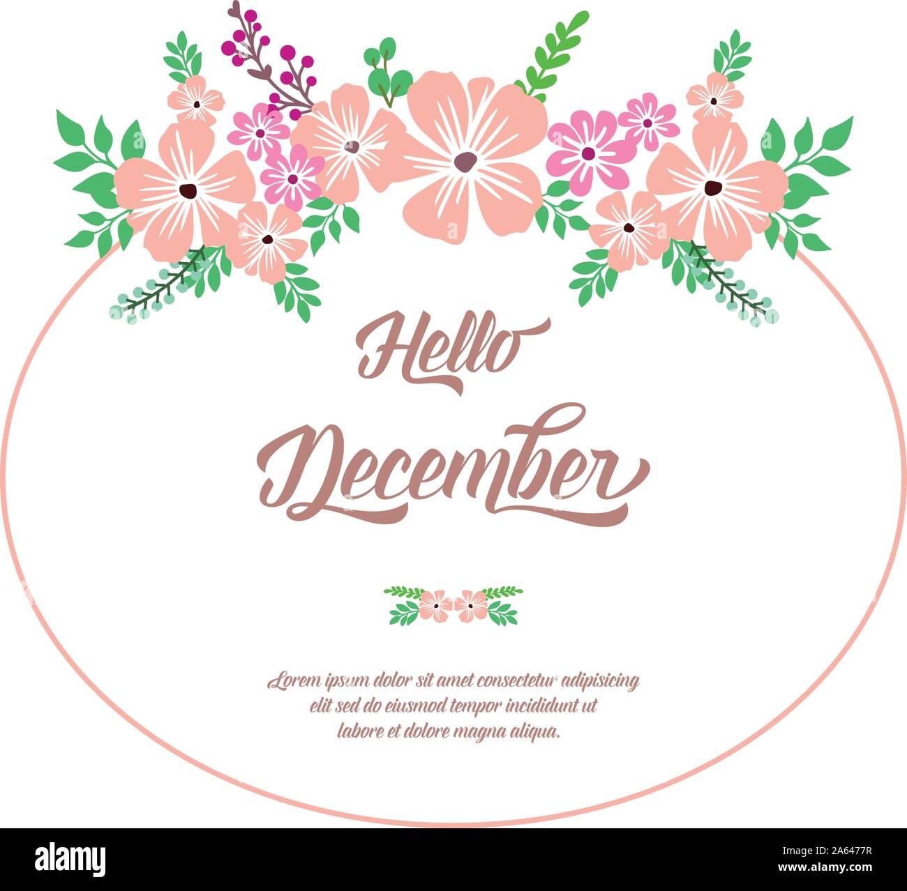 Poster hello december, with pattern of green leafy flower frame. Vector ...