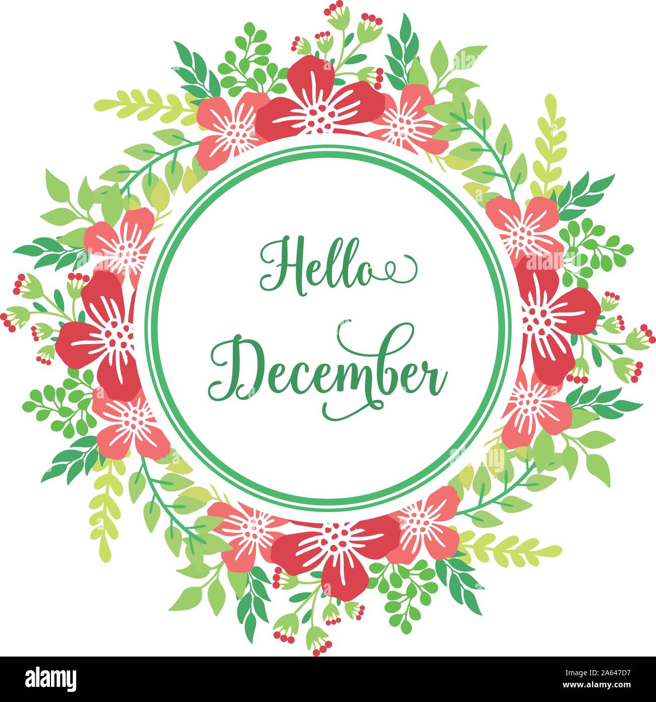 Handwritten greeting card of hello december, with artwork of red flower ...