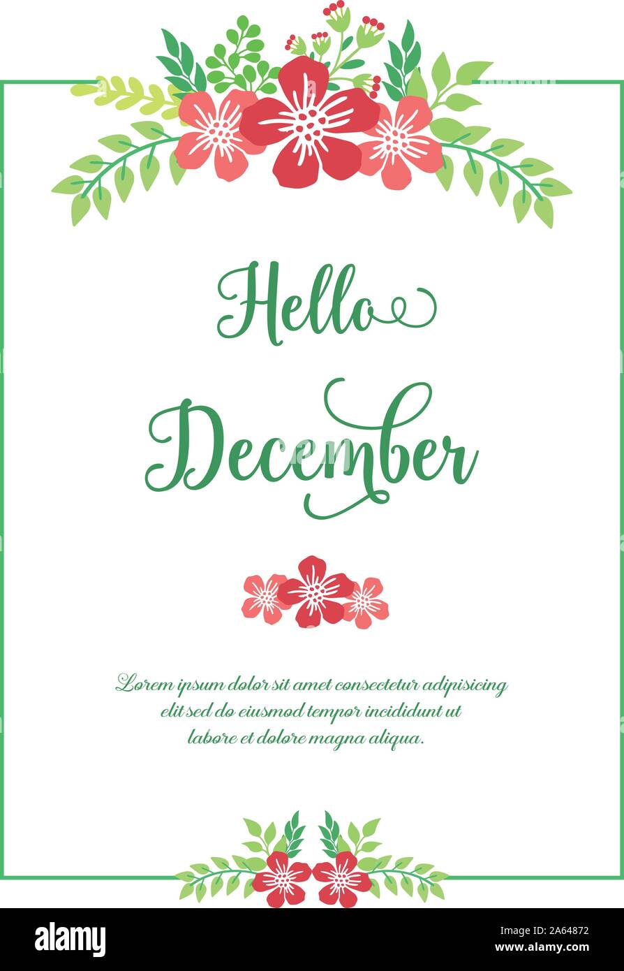 Greeting card hello december, design green leafy flower frame. Vector ...