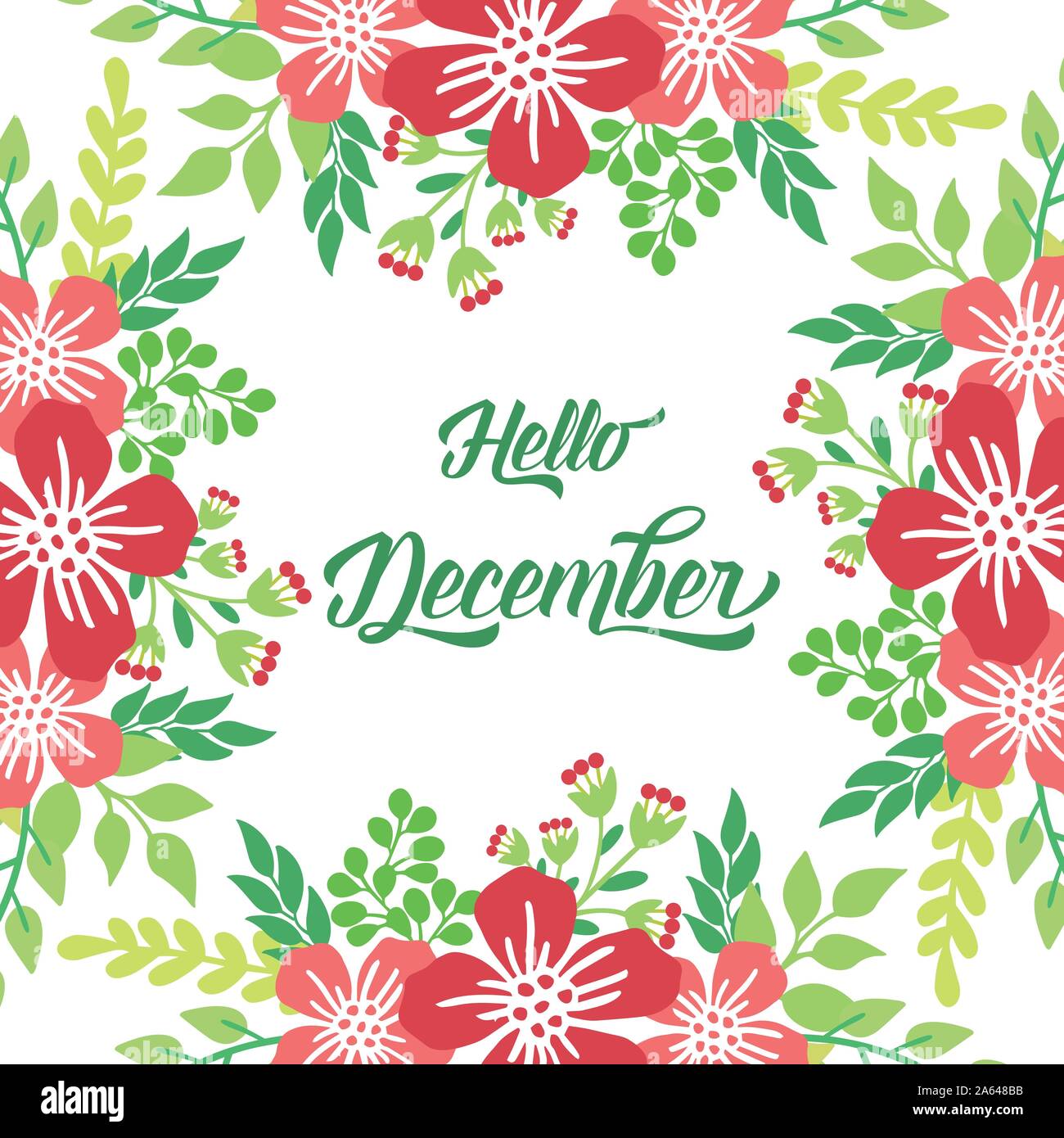 Handwritten greeting card of hello december, with artwork of red flower ...