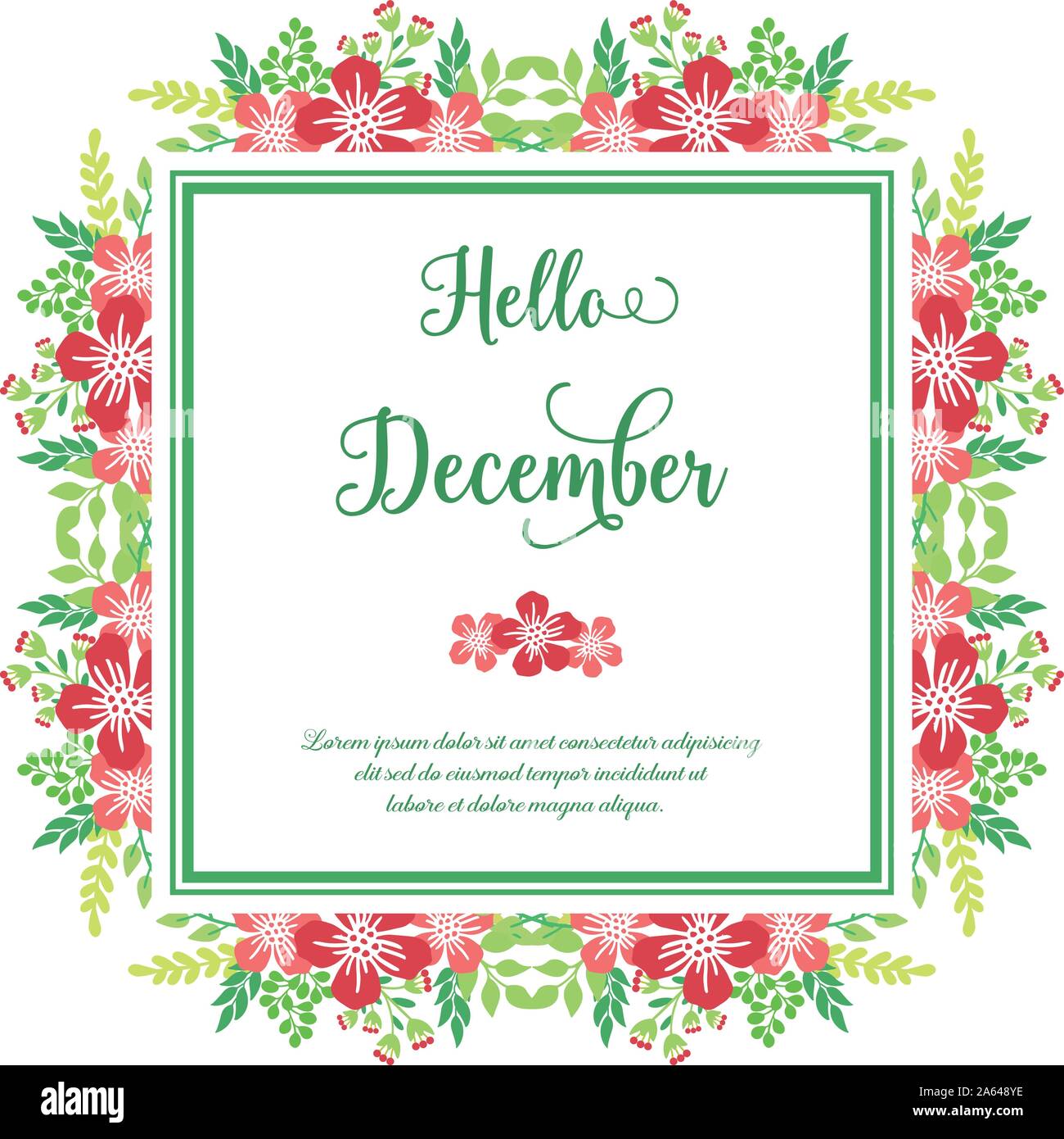 Poster or banner hello december, with abstract red flower frame graphic ...