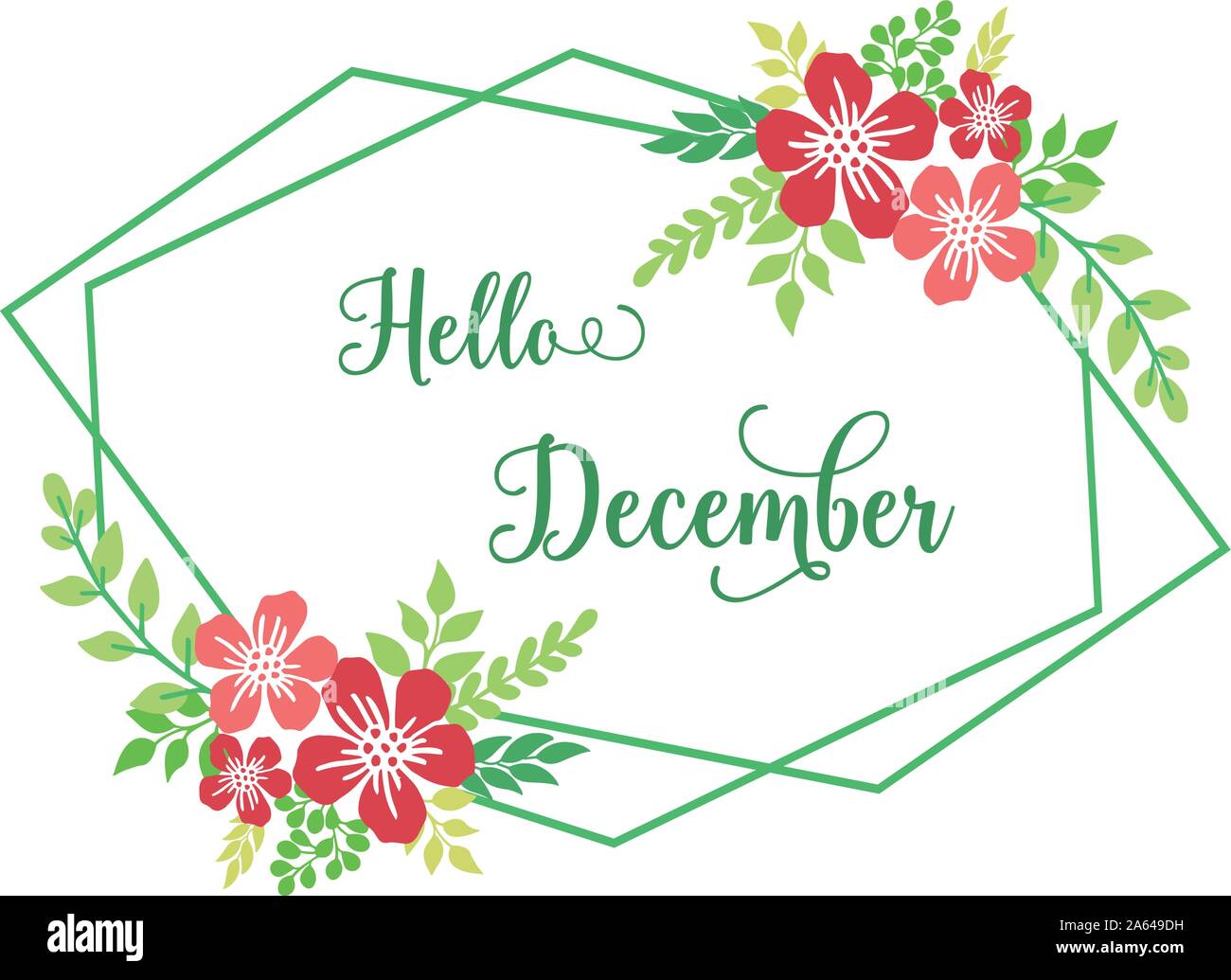Concept of card hello december, with beautiful red wreath frame. Vector ...
