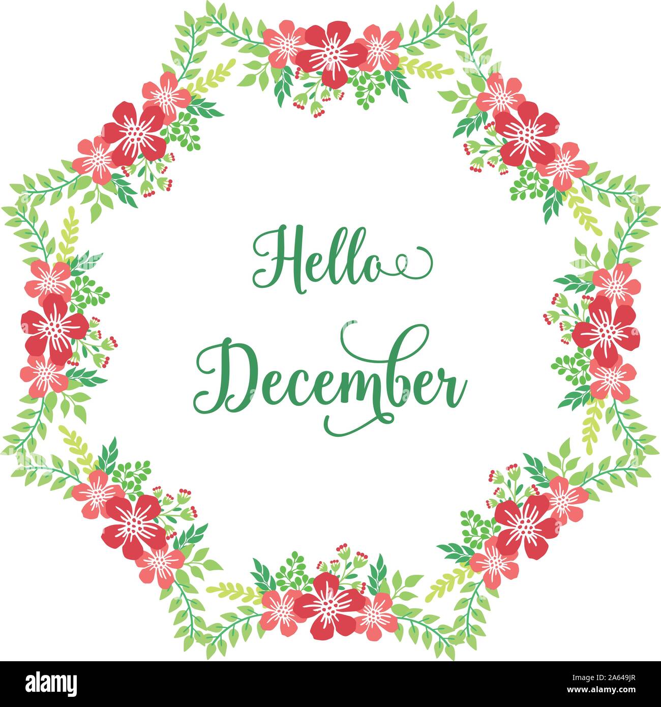 Greeting card hello december, pattern of red floral frame beautiful ...