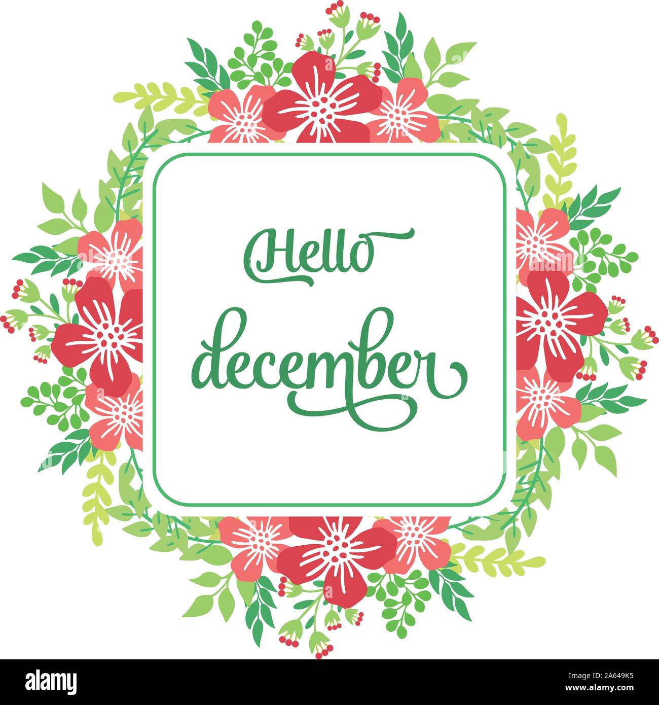 Collection of card hello december, with ornament art of red wreath ...