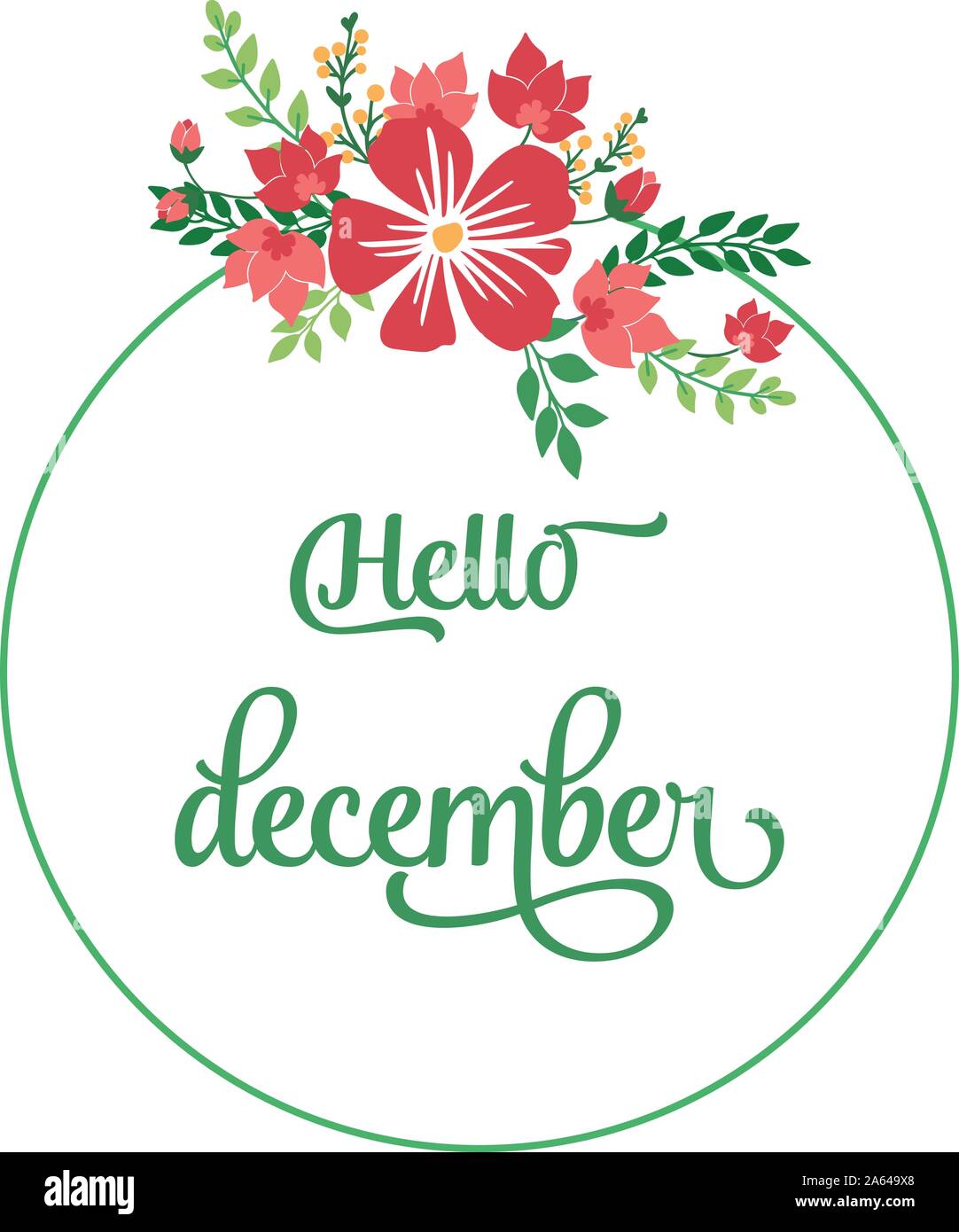 Calligraphy design of card hello december, with decorative of green ...