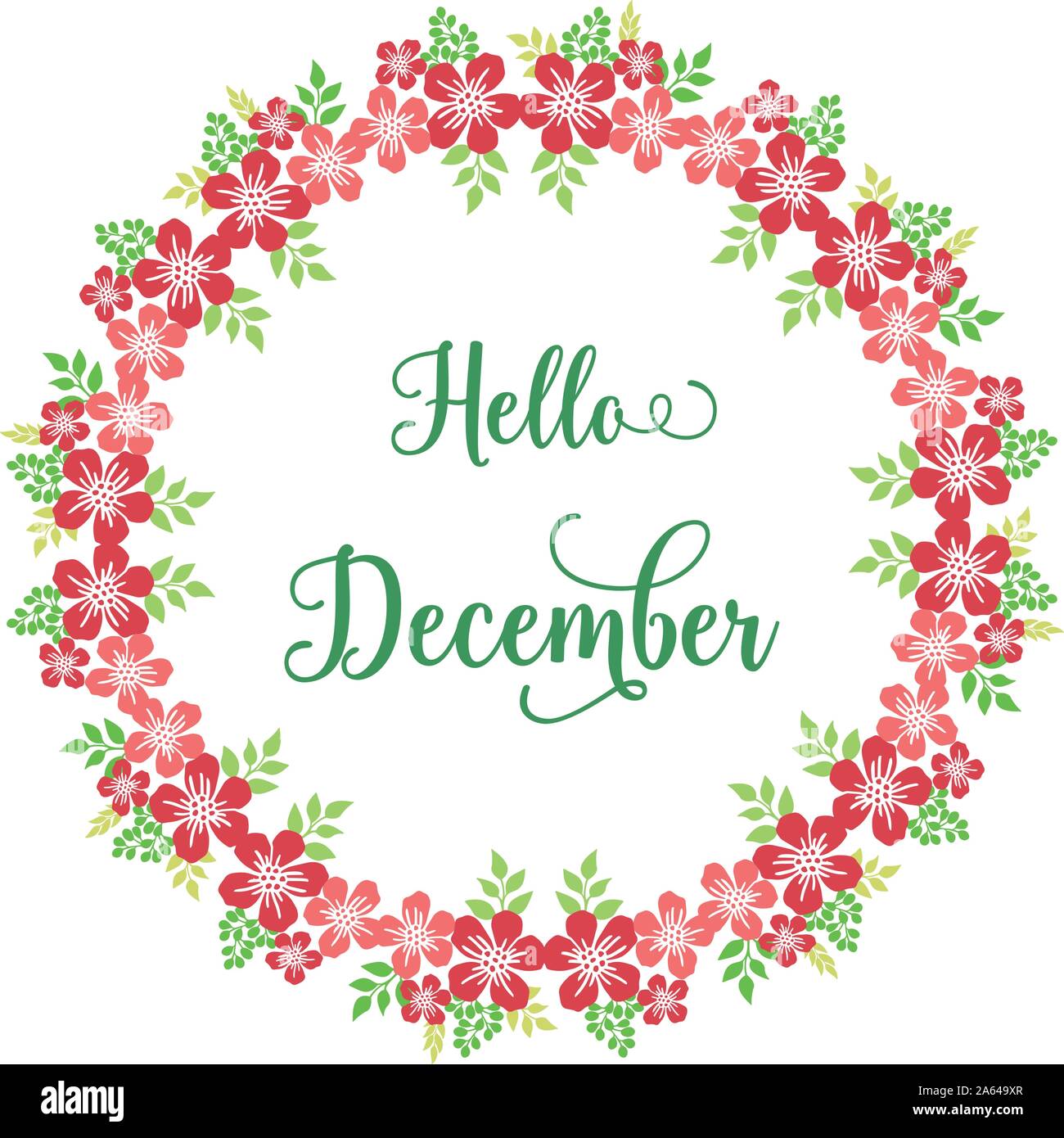 Greeting card hello december, pattern of red floral frame beautiful ...