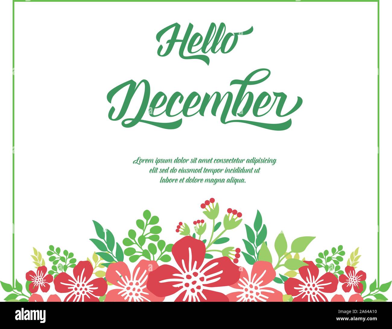 Greeting card hello december, pattern of red floral frame beautiful ...