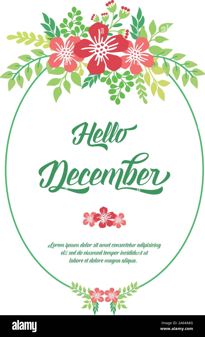 Lettering element of hello december, with pattern of red flower frame ...