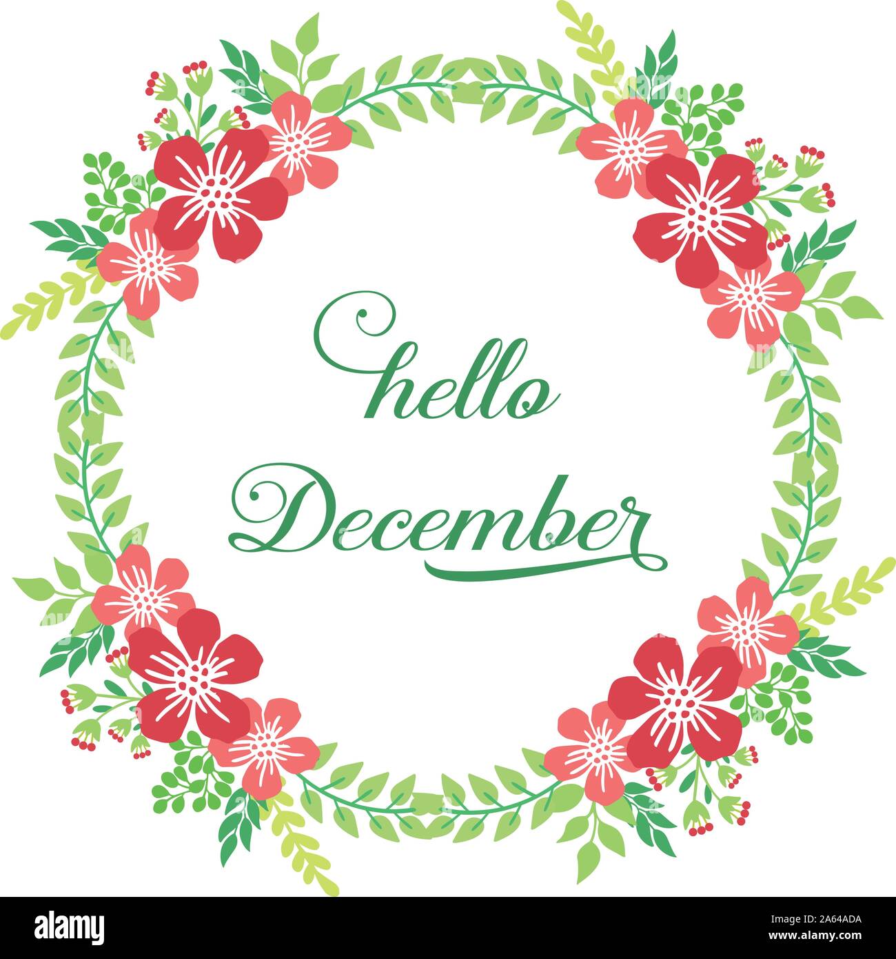 Handwritten greeting card of hello december, with artwork of red flower ...