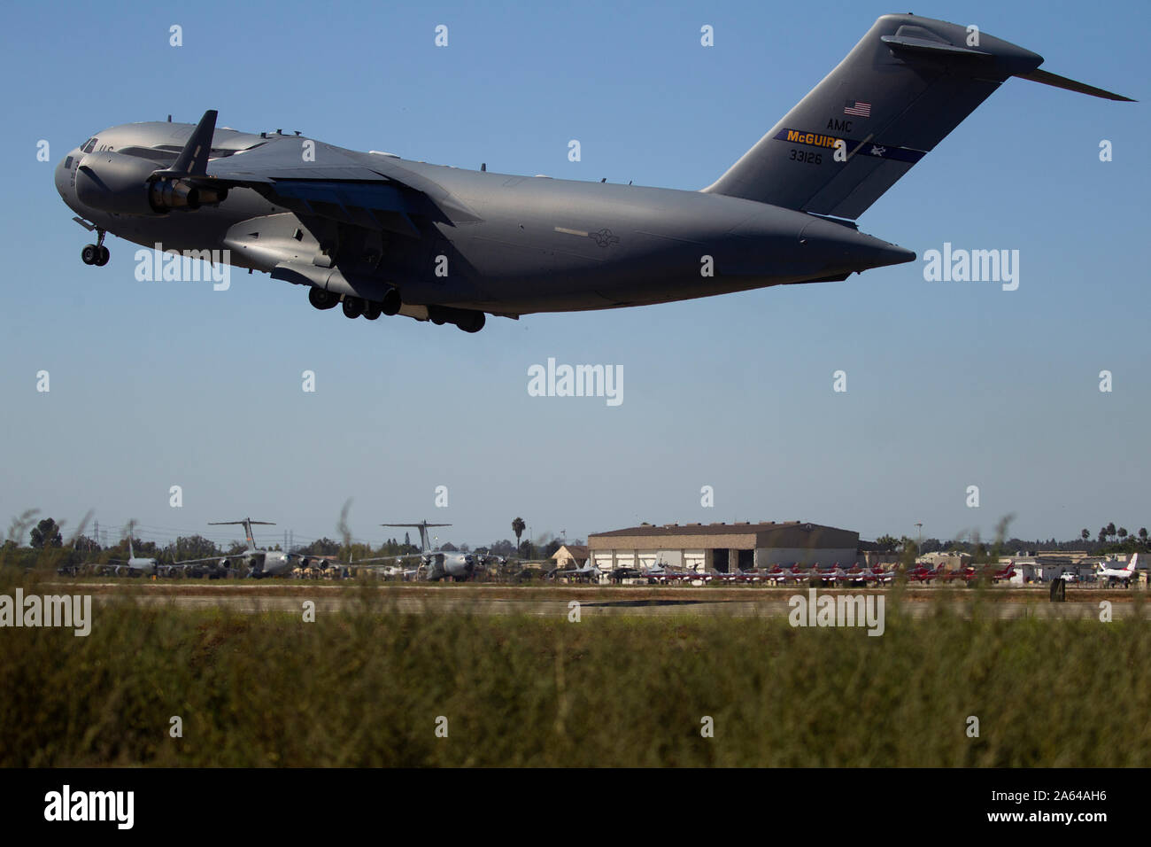 A U.S. Air Force C-17 Globemaster III cargo airplane takes off from Los Alamitos Army Airfield ...
