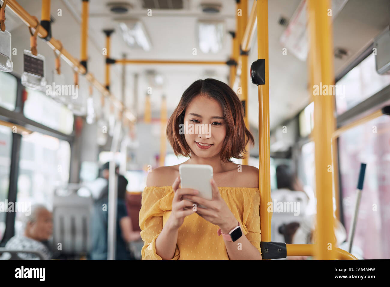 The passenger use smartphone in the bus or train, technology lifestyle ...