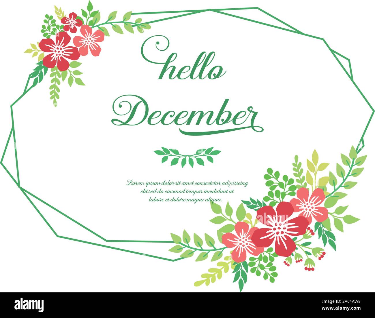 Concept of card hello december, with beautiful red wreath frame. Vector ...