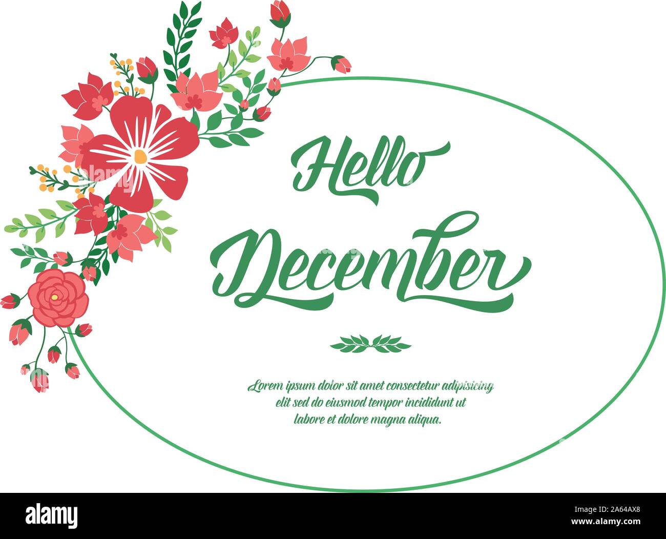 Text of hello december background, with seamless red flower frame ...